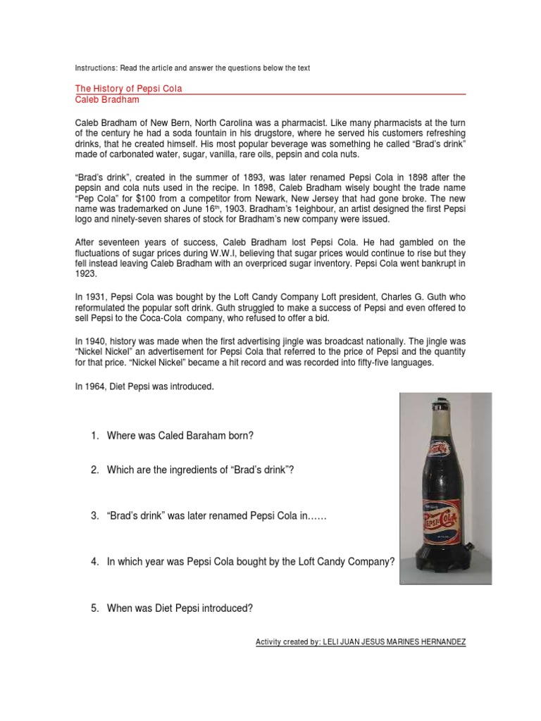 History of Pepsi Reading Activity | PDF