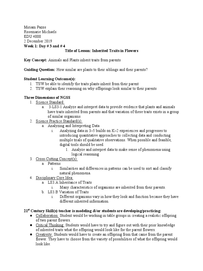 3rd Grade Traits and Inheritence Lesson Plan | PDF | Data | Science