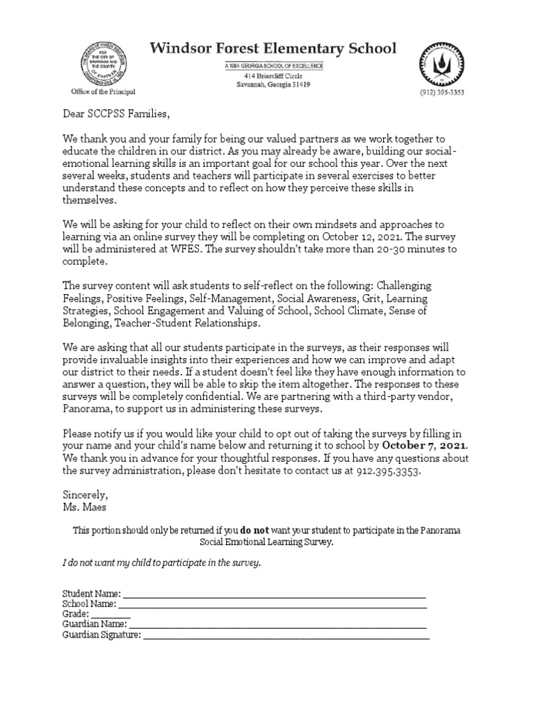 Panorama SEL Survey Notification Letter and Opt Out | PDF