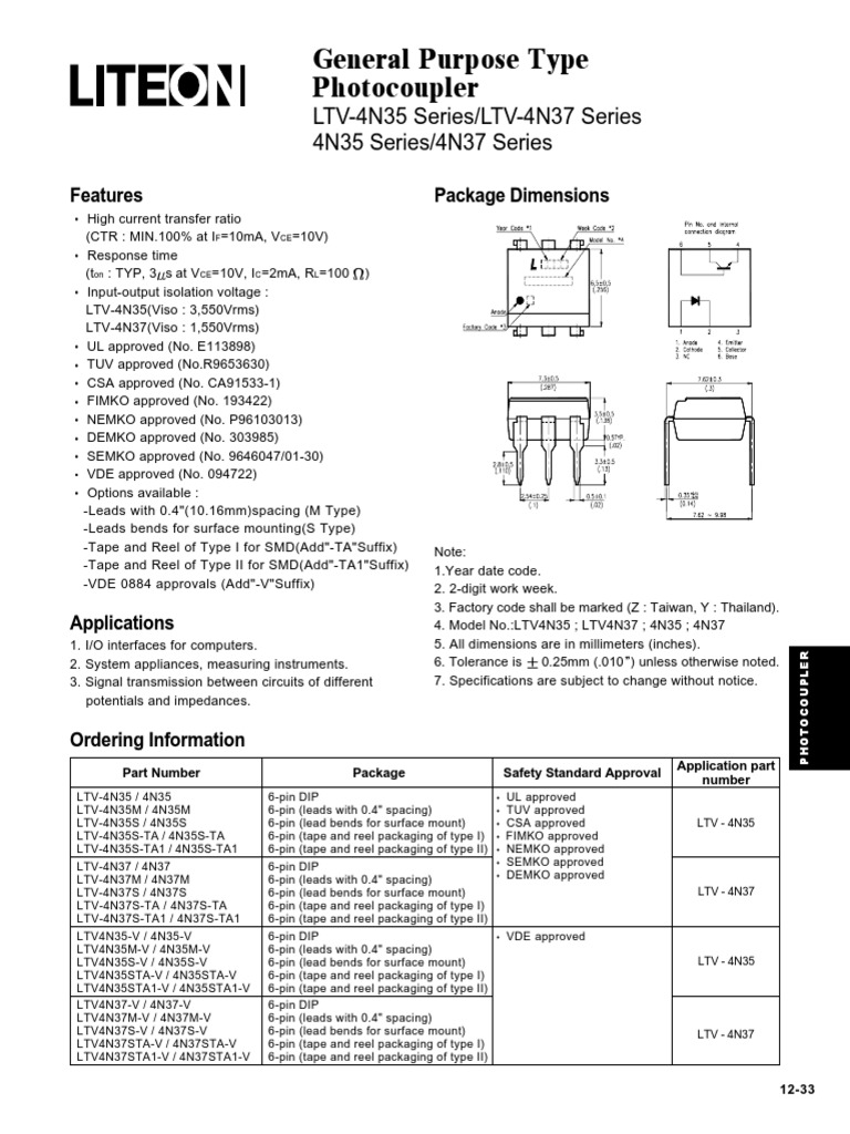 General Purpose Type Photocoupler: LTV-4N35 Series/LTV-4N37 Series 4N35 ...