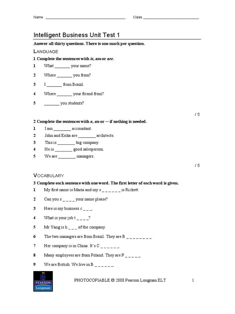 Intelligent Business Unit Test 1: Name - Class | PDF | Learning ...