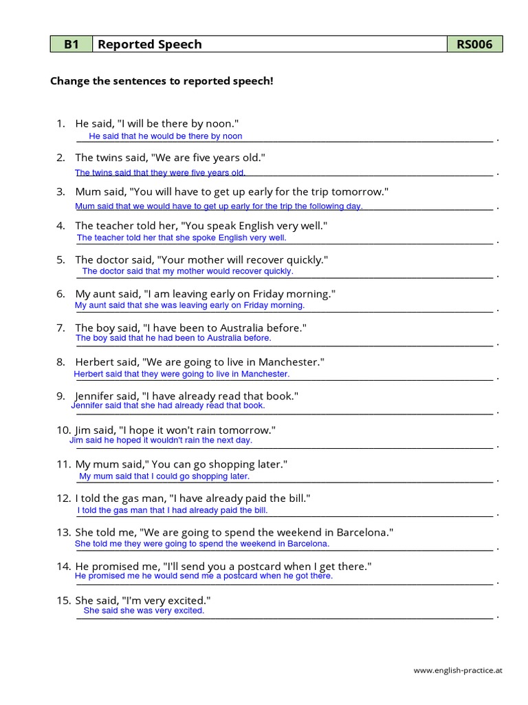 Reported Speech Worksheet | PDF