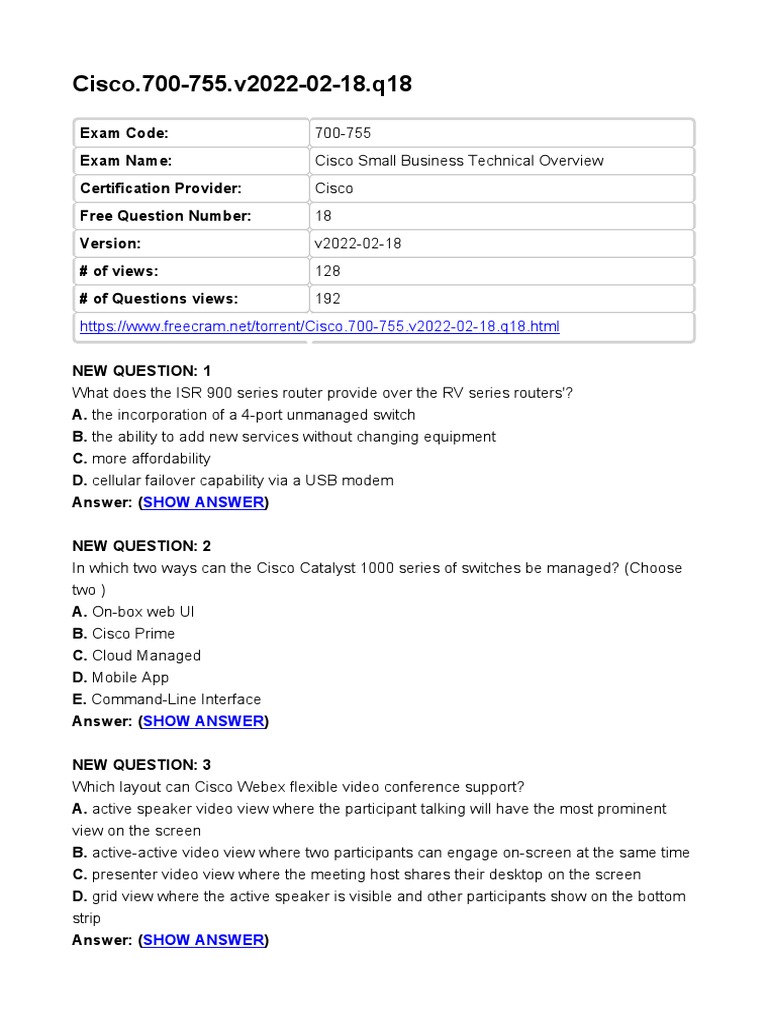 Cisco.700-755.v2022-02-18.q18: Show Answer | PDF | Cisco Systems | Bluetooth