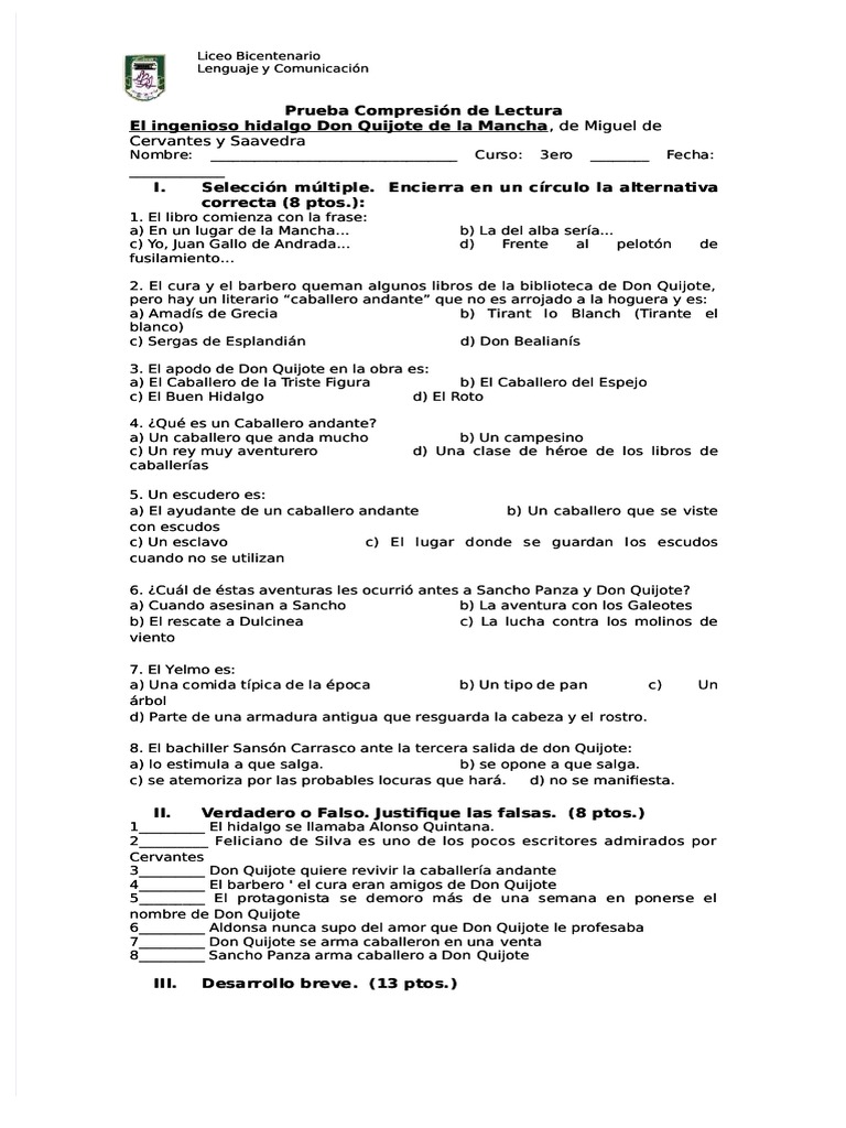 Ejercicios de comprensión: Don Quijote | PDF | Caballería | Código de ...