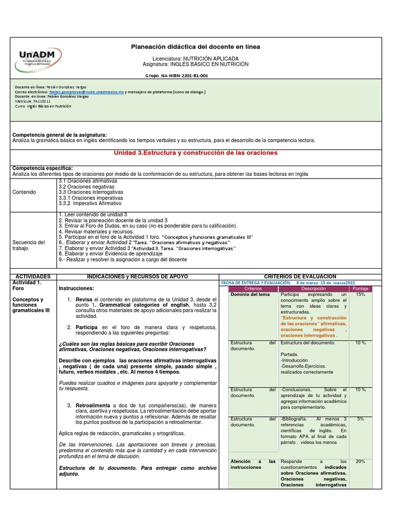 Ingles Basico en Nutricion - Planeacion Didactica - Unidad 3 - NA-NIBN ...