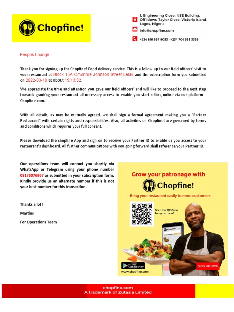 Fespris Lounge & Bar Welcome Letter | PDF