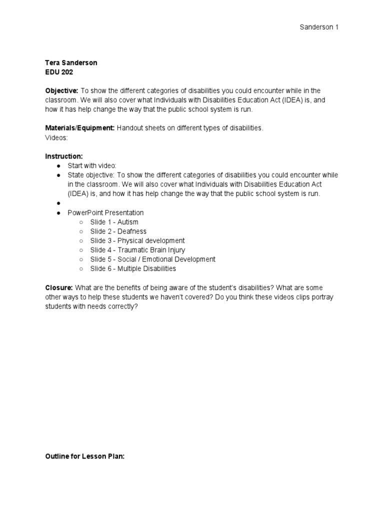 Disabilities Lesson Plan | PDF | Traumatic Brain Injury ...