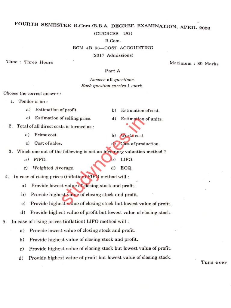 Cost Accounting 2020 Question Paper Pdf