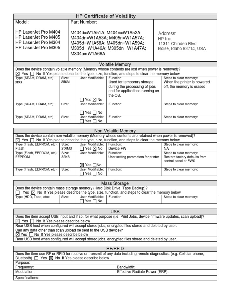 HP LaserJet Pro M404-M405 Certificate of Volatility | PDF | Computer ...