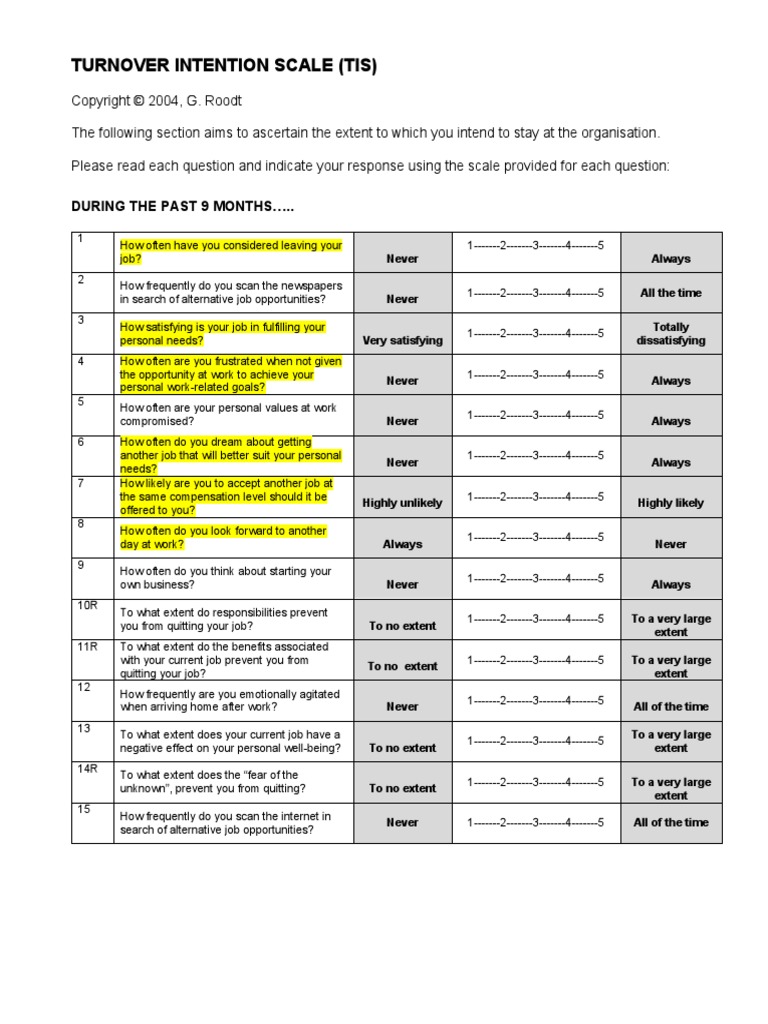 Turnover Intention Scale (Tis) : During The Past 9 Months . | PDF ...