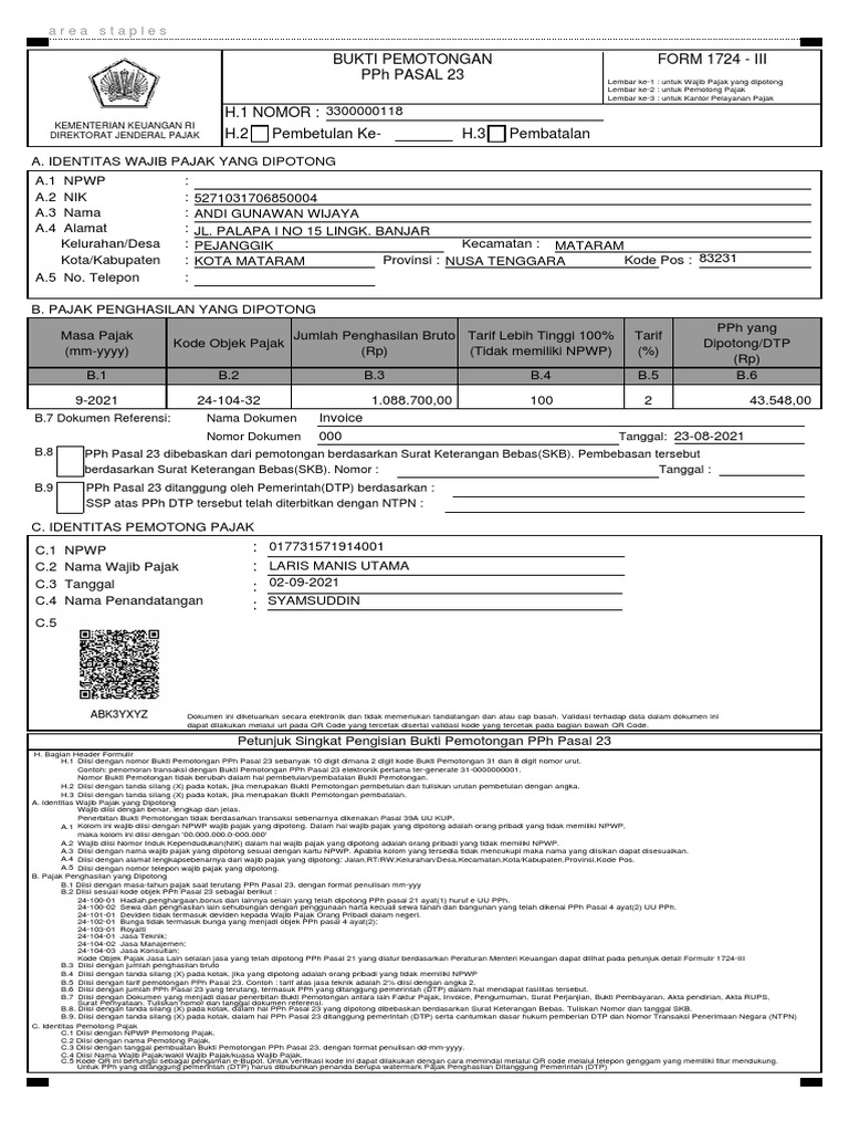 Bukti Pemotongan PPH Pasal 23 FORM 1724 - III: Area Staples | PDF