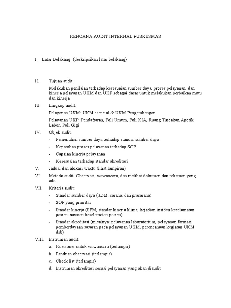 Contoh Rencana Audit Internal Puskesmas | PDF