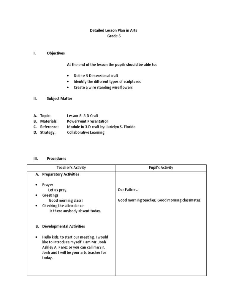 Detailed Lesson Plan in Arts 5 | PDF | Sculpture | Lesson Plan