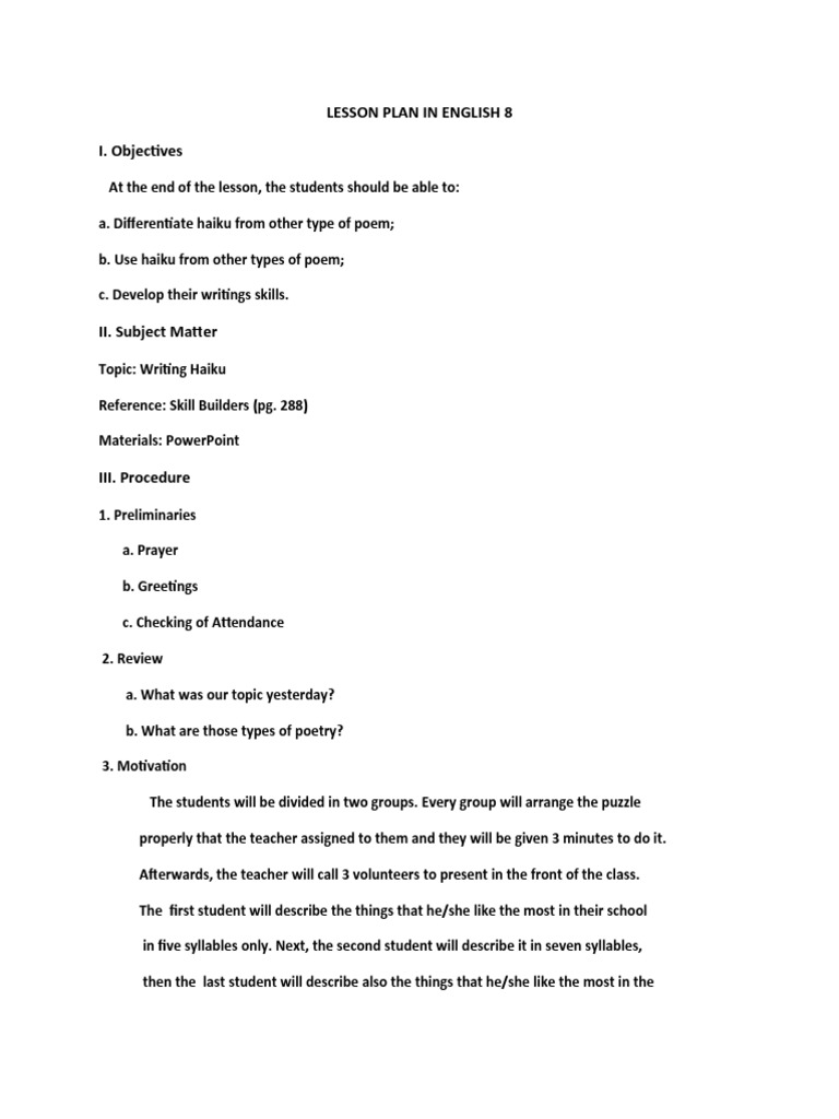 LESSON PLAN IN English 8 | PDF | Haiku | Poetry
