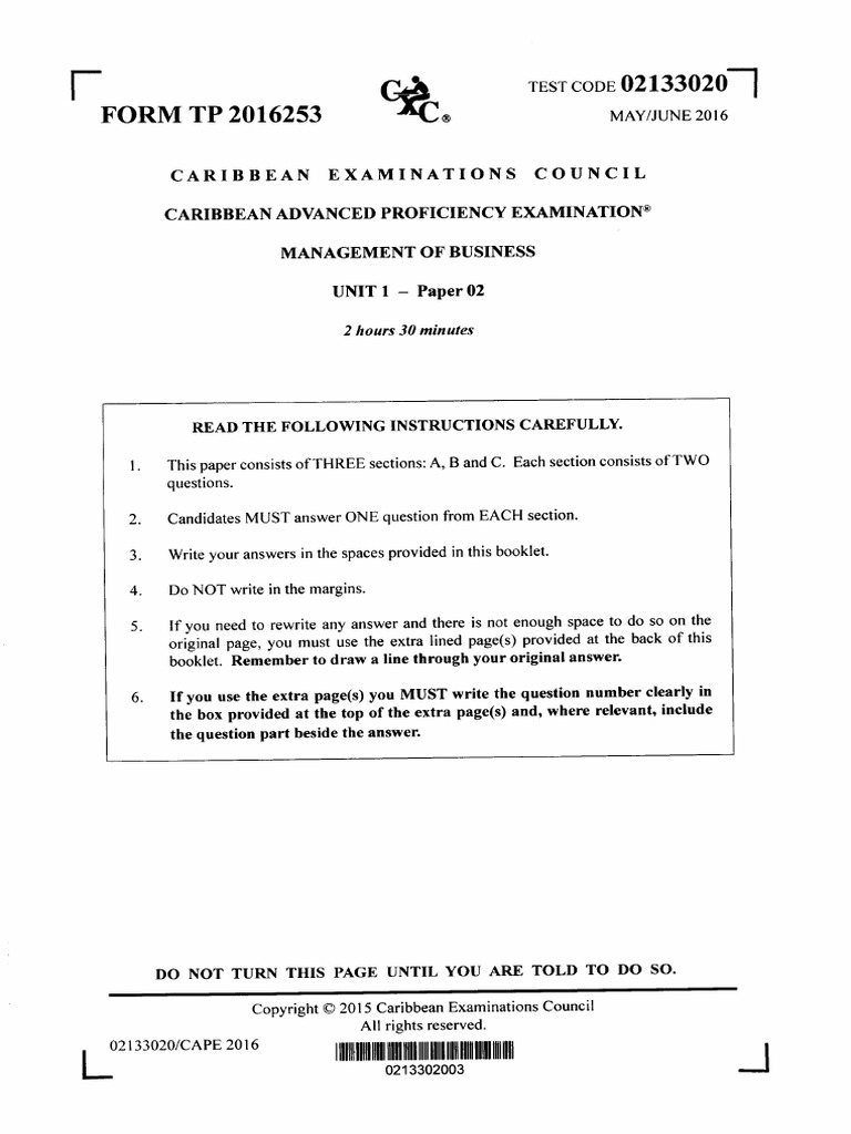 CAPE Management of Business 2016 U1 P2 | PDF