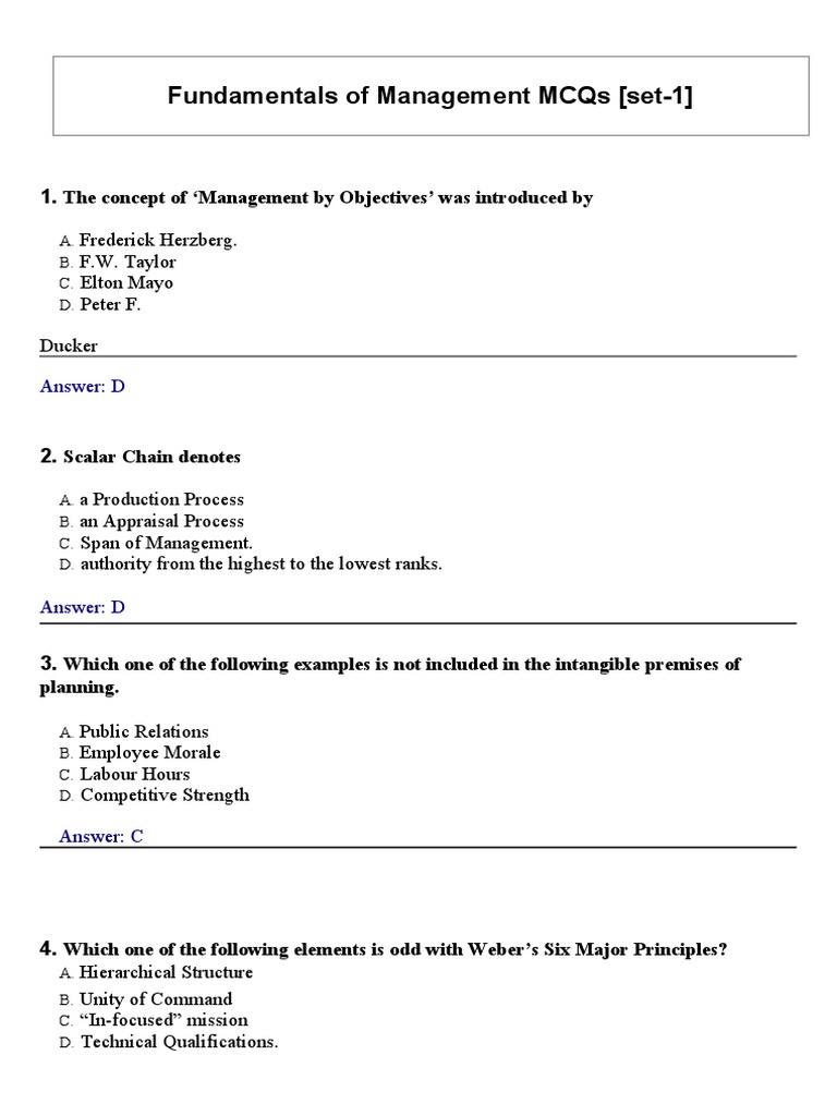 Fundamentals of Management Solved MCQs (Set-1) | PDF