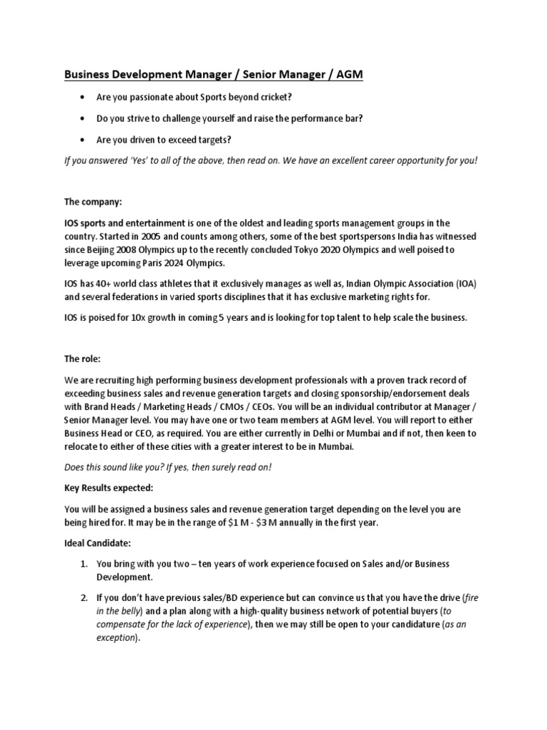 JD - BDM Roles - Konark | PDF | Sports