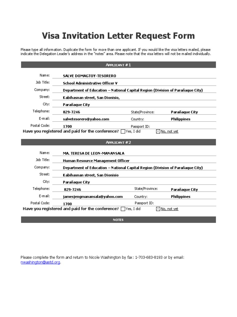 Visa Invitation Letter Request Form, Blank Form | PDF