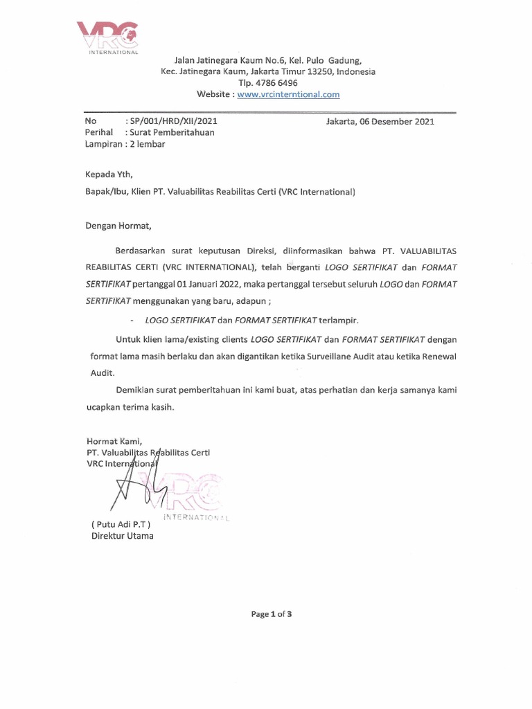 SURAT PEMBERITAHUAN PERUBAHAN LOGO DAN FORMAT SERT VRC Rv2 PDF 2 | PDF