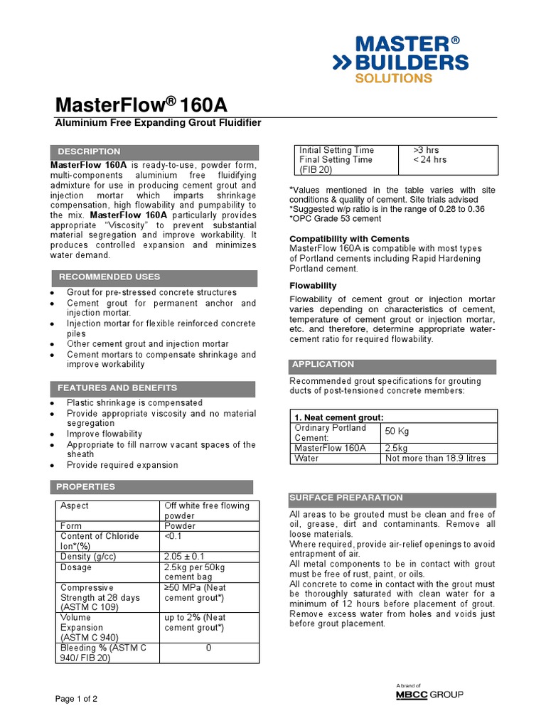Masterflow 160A: Aluminium Free Expanding Grout Fluidifier | PDF ...