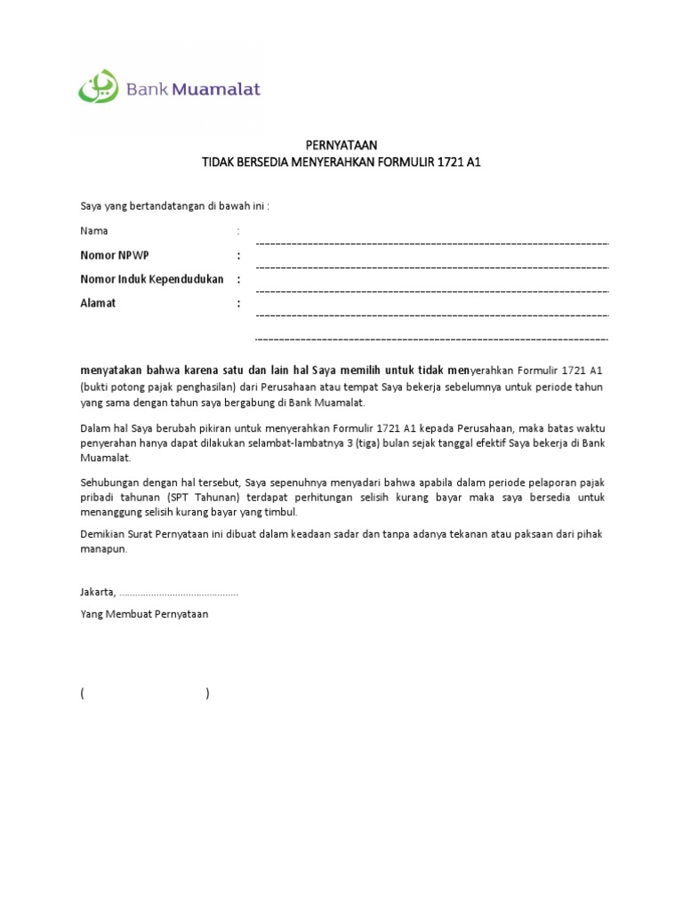 Pernyataan Tidak Bersedia Menyerahkan Formulir 1721 A1 2021 | PDF