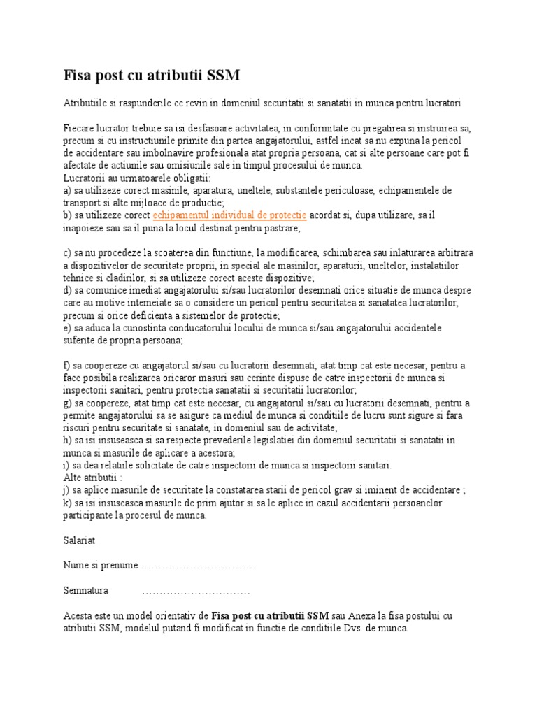 Fisa Post Cu Atributii SSM | PDF