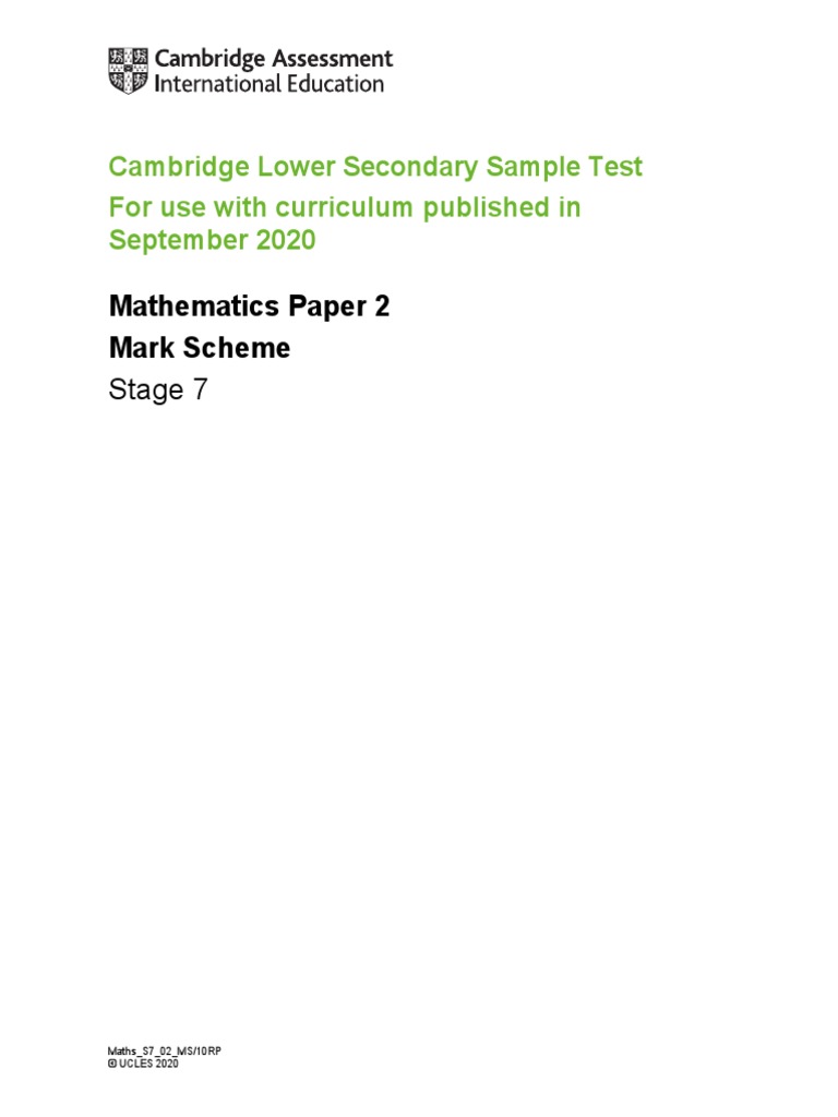 Mathematics Stage 7 Sample Paper 2 Mark Scheme - tcm143-595663 | PDF ...