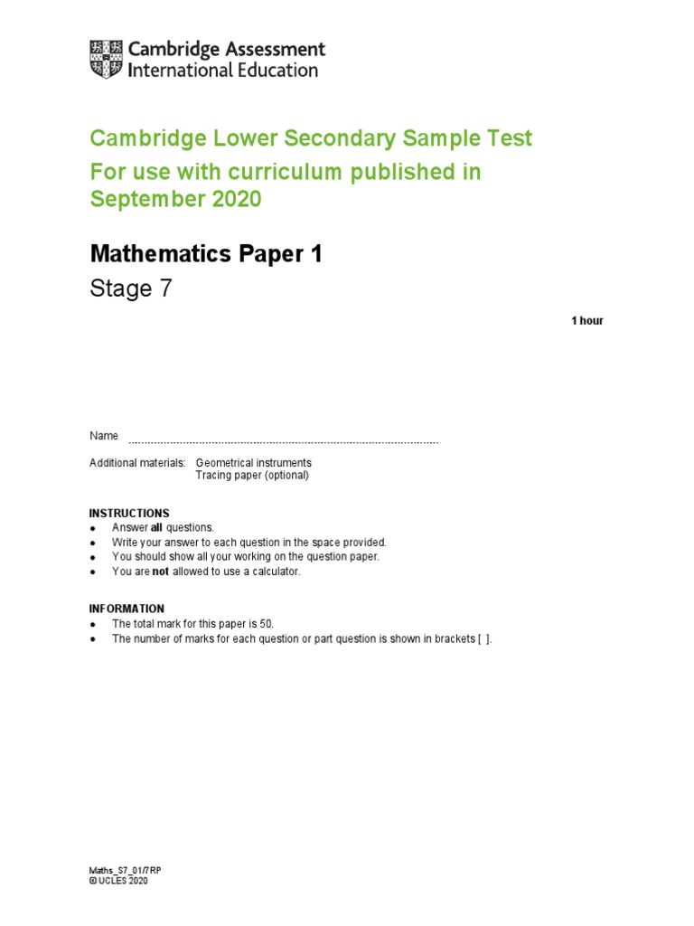Mathematics Stage 7 Sample Paper 1 | PDF | Length | Area