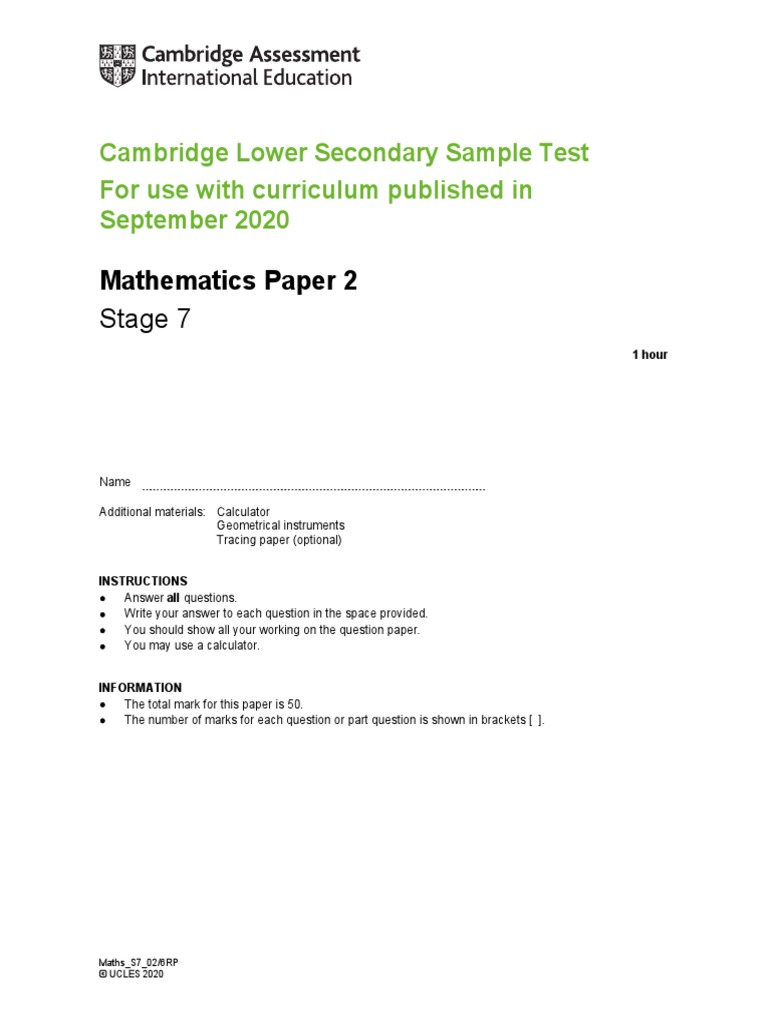 Mathematics Stage 7 Sample Paper 2 | PDF | Mathematics