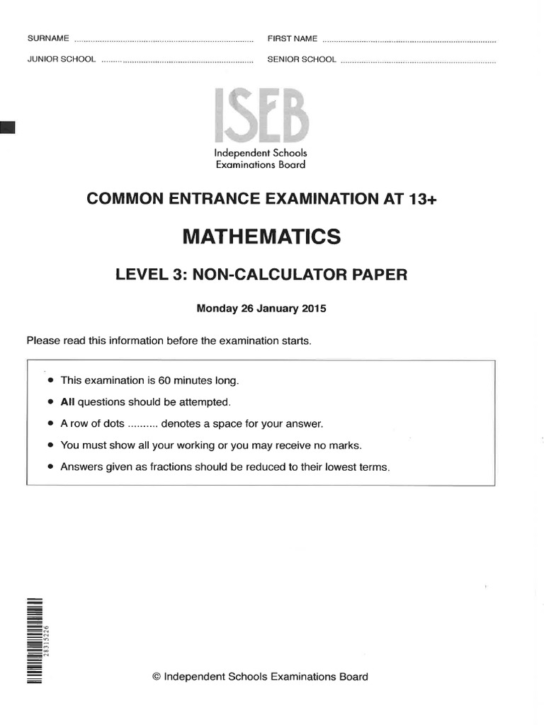 13 Maths Level 3 Non Calculator Paper Iseb January 2015 | PDF