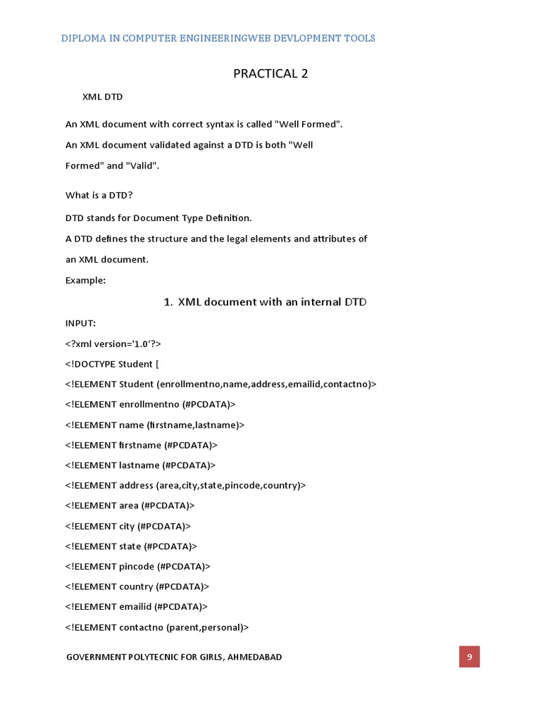 Practical 2: 1. XML Document With An Internal DTD | Download Free PDF | Computer File Formats ...