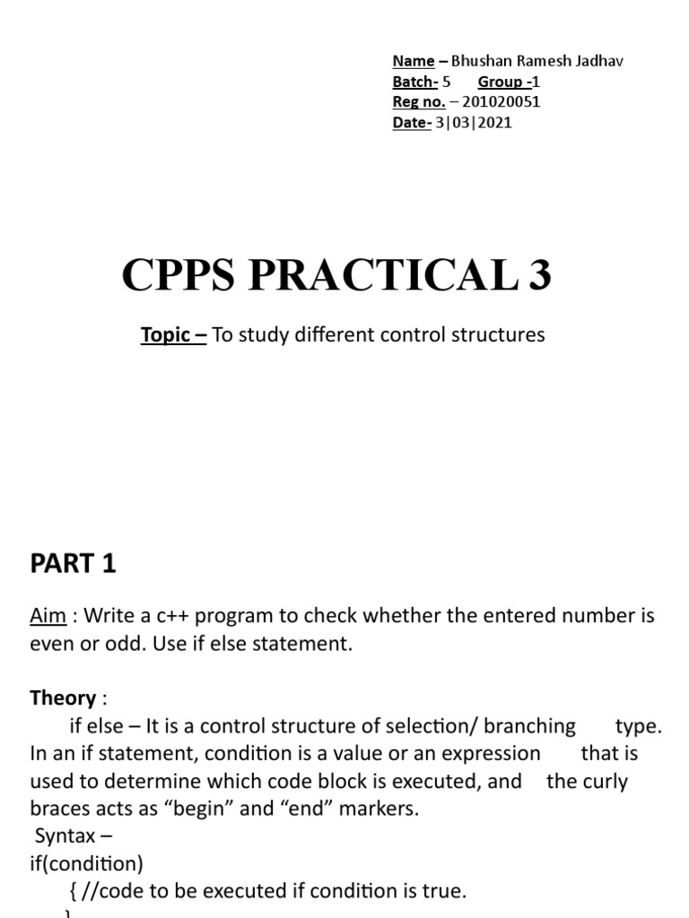 Cpps Practical 3: Topic - To Study Different Control Structures | Download Free PDF | C++ ...