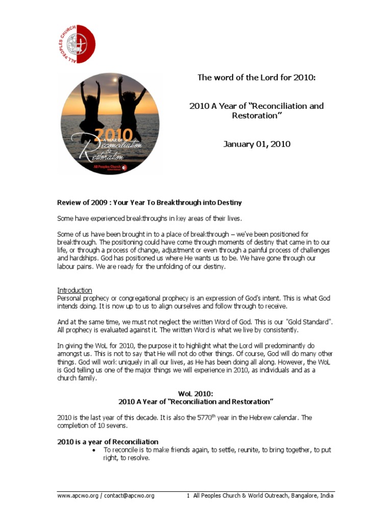 2010: Year of Reconciliation & Restoration | PDF | Forgiveness | Elijah