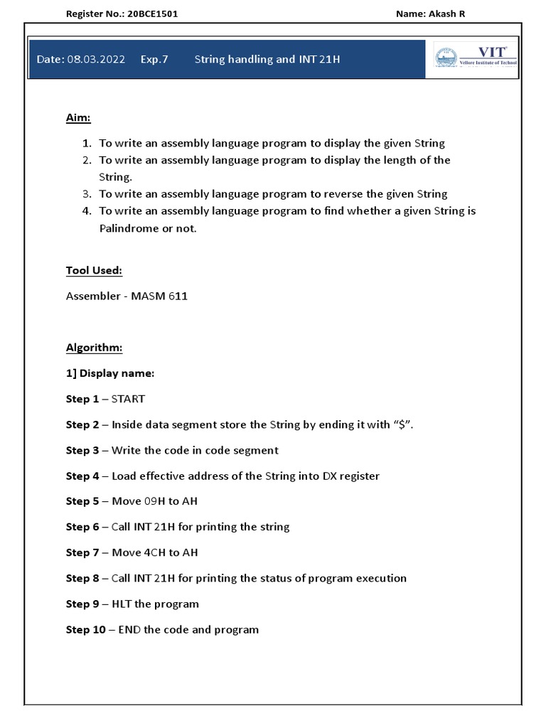 LAB - 7 - R - AKASH - 20BCE1501 - Template | PDF | String (Computer Science) | Assembly Language