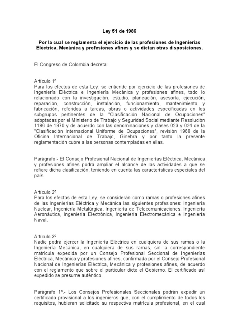 Ley 51 de 1986. | Descargar gratis PDF | Ingeniería | Ingenieria Eléctrica