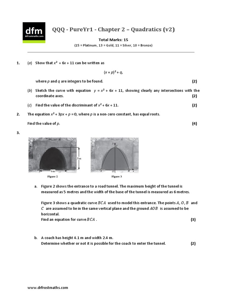 QQQ - Pureyr1 - Chapter 2 - Quadratics (V2) : Total Marks: 15 | PDF
