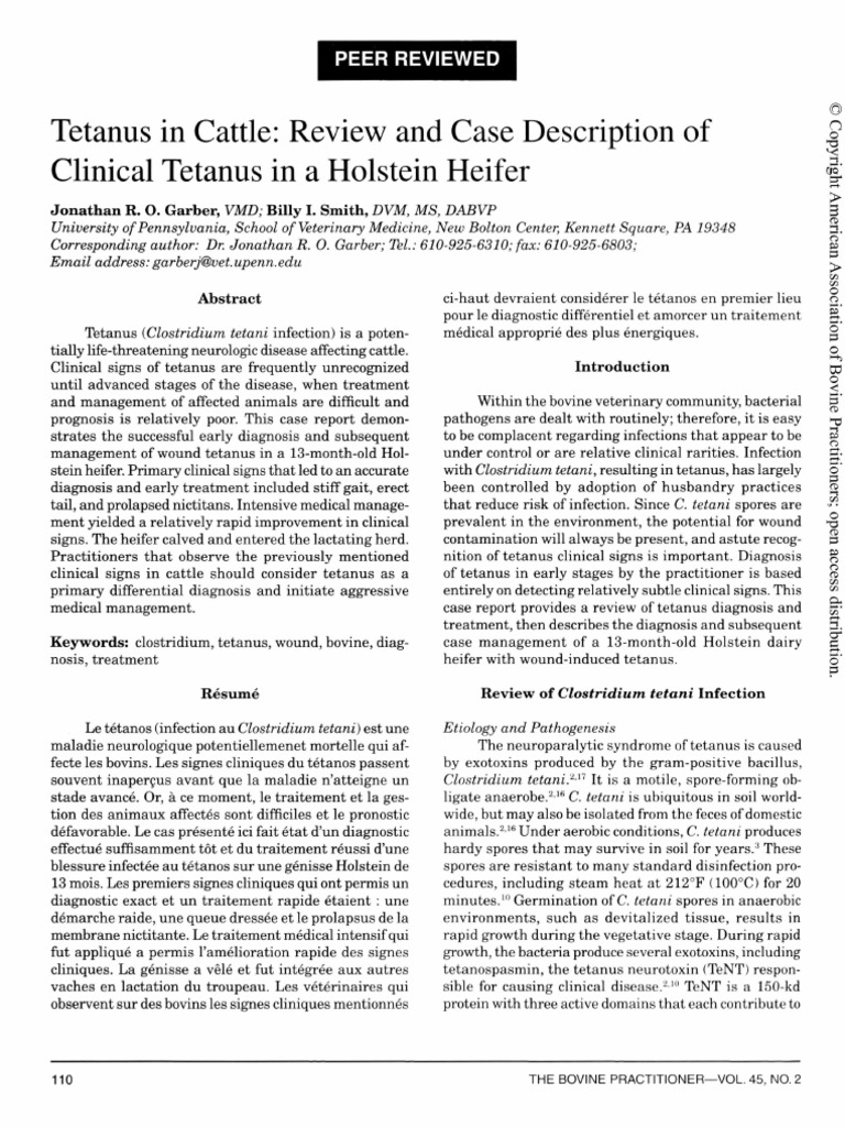 Tetanus in Cattle: Review and Case Description of Clinical Tetanus in A ...