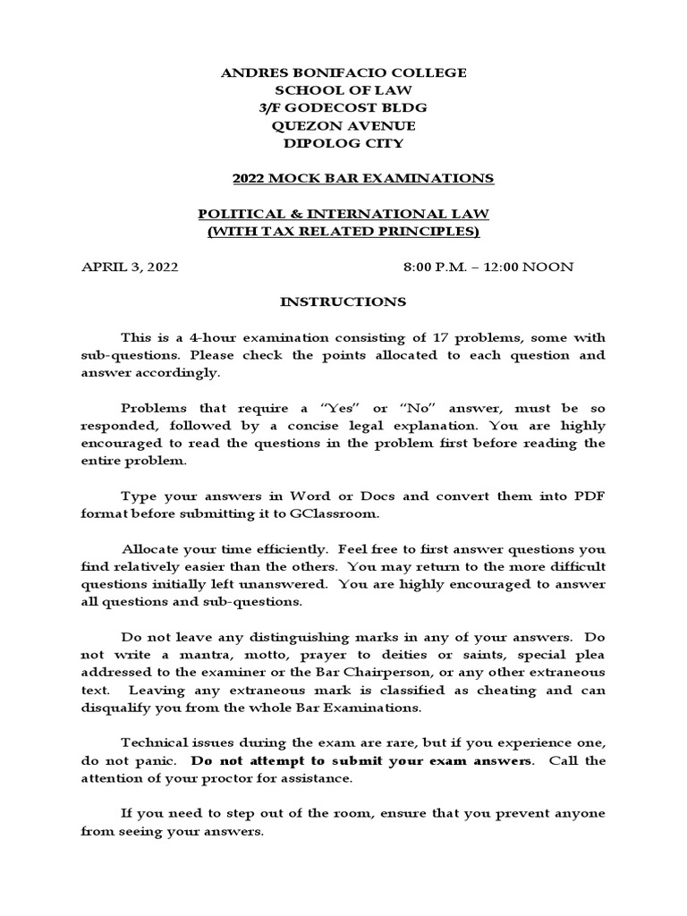 2022 Mock Bar Exam: Political Law | PDF
