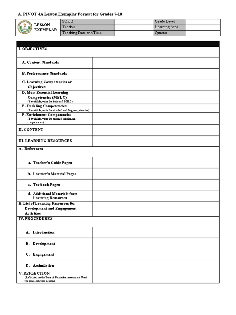 A. PIVOT 4A Lesson Exemplar Format For Grades 7-10 | PDF | Learning ...