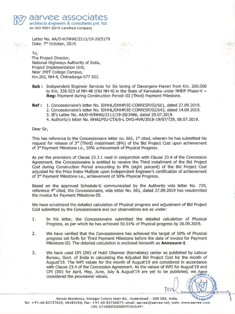 2019 10 07 AA NHAI 5179 Recommendation For Payment Milestone III | PDF