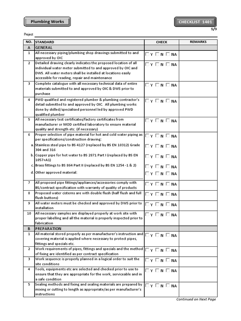 Plumbing Works Inspection Checklist | PDF | Plumbing | Pipe (Fluid ...
