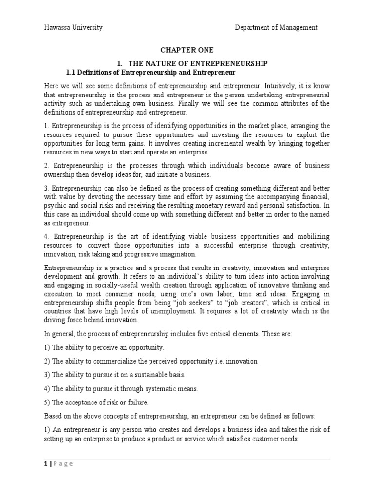 Chapter One 1. The Nature of Entrepreneurship 1.1 Definitions of ...