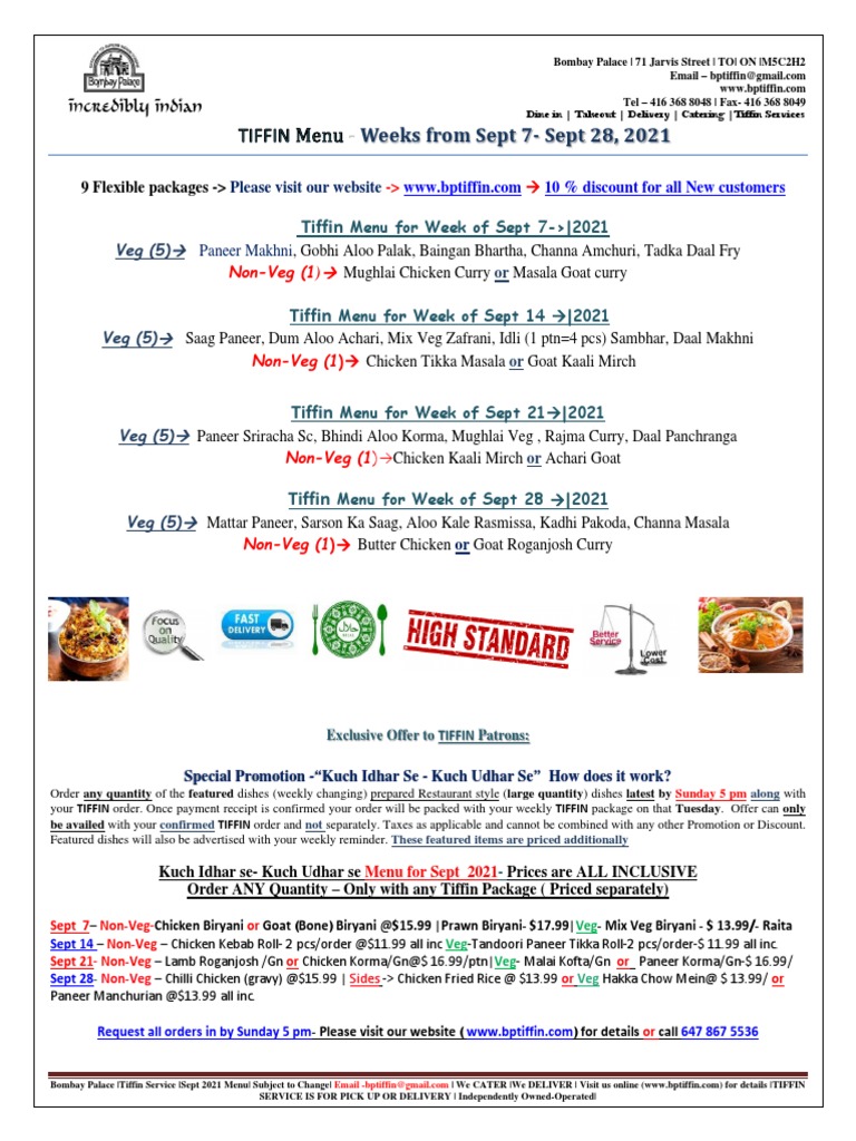 Tiffin Menu - Sept, 2021 | Download Free PDF | Cuisine | Prepared Foods