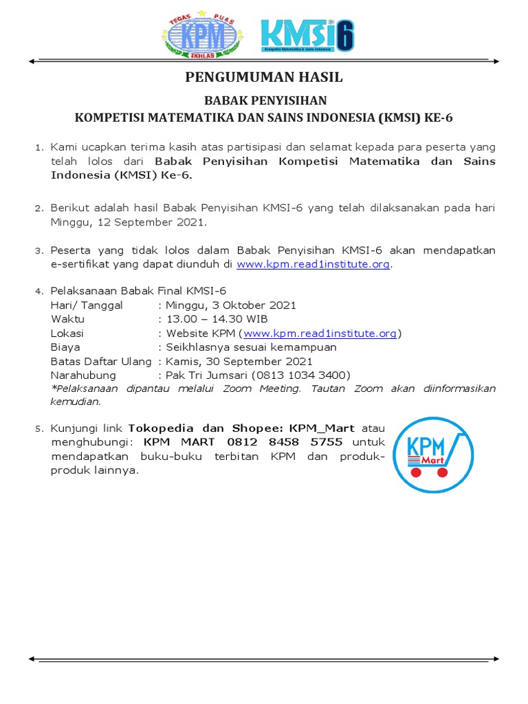 Hasil Penyisihan KMSI Ke-6 2021 | PDF