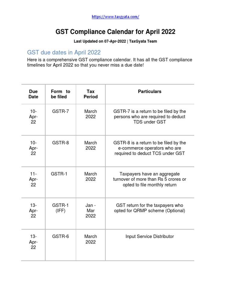 GST Compliance Calendar For April 2022 | PDF | Governance | Taxes