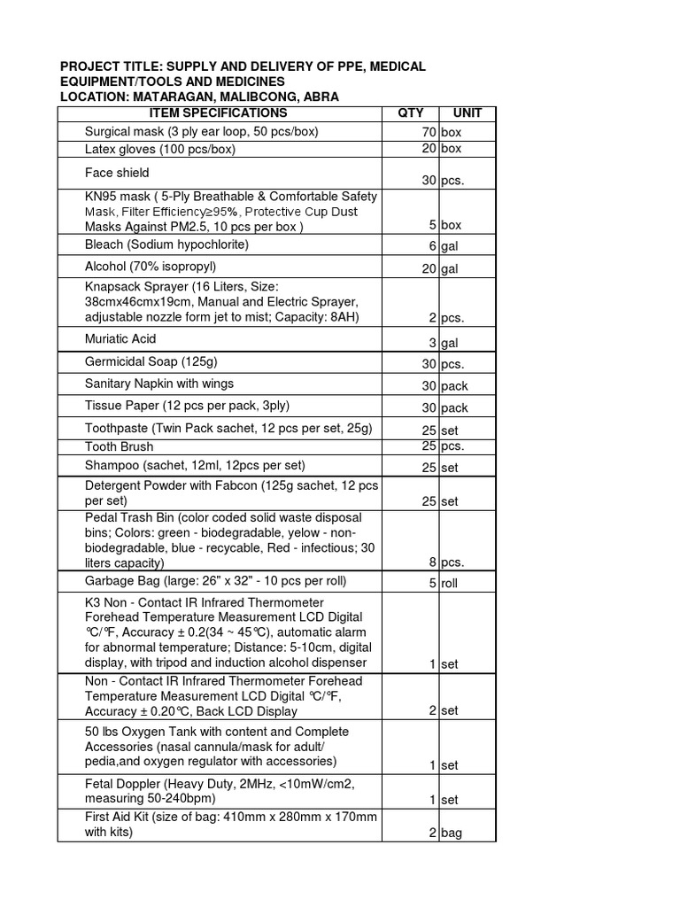 Specifications of Medical Supplies | PDF | Equipment