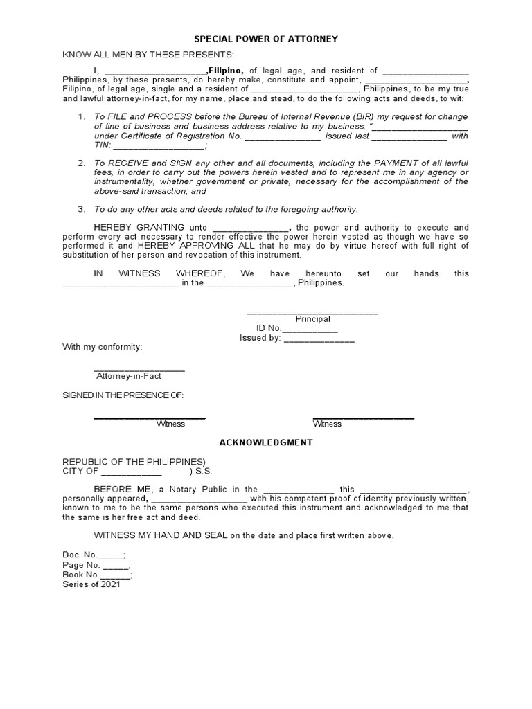 SPA TO PROCESS - Business BIR | PDF | Power Of Attorney | Common Law