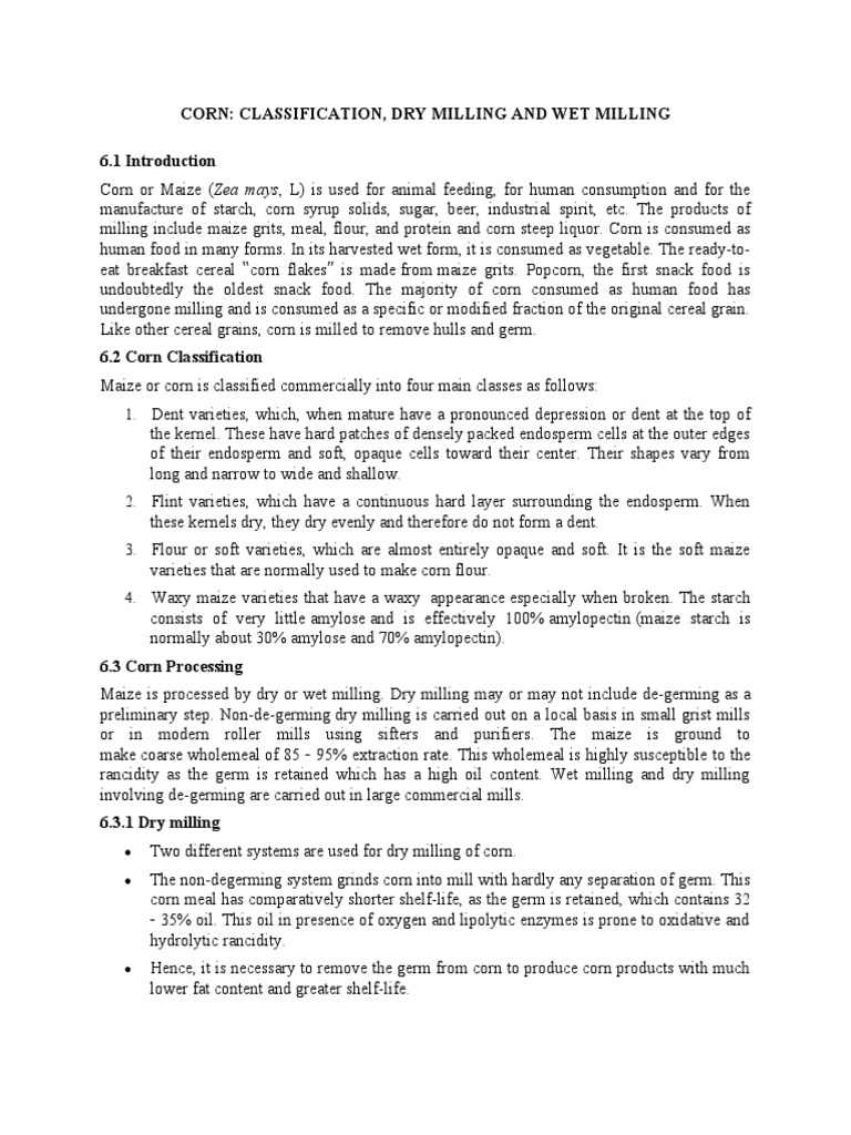 Corn: Classification, Dry Milling and Wet Milling | PDF | Maize | Flour