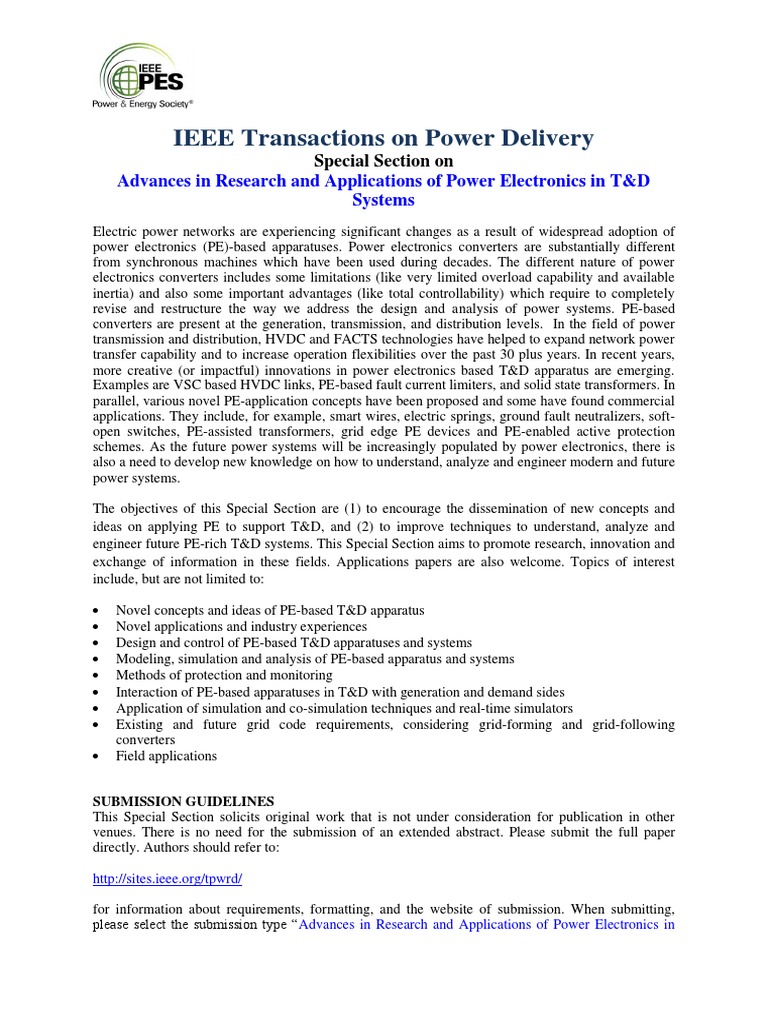 IEEE Transactions On Power Delivery - Call For Paper - PES | PDF ...