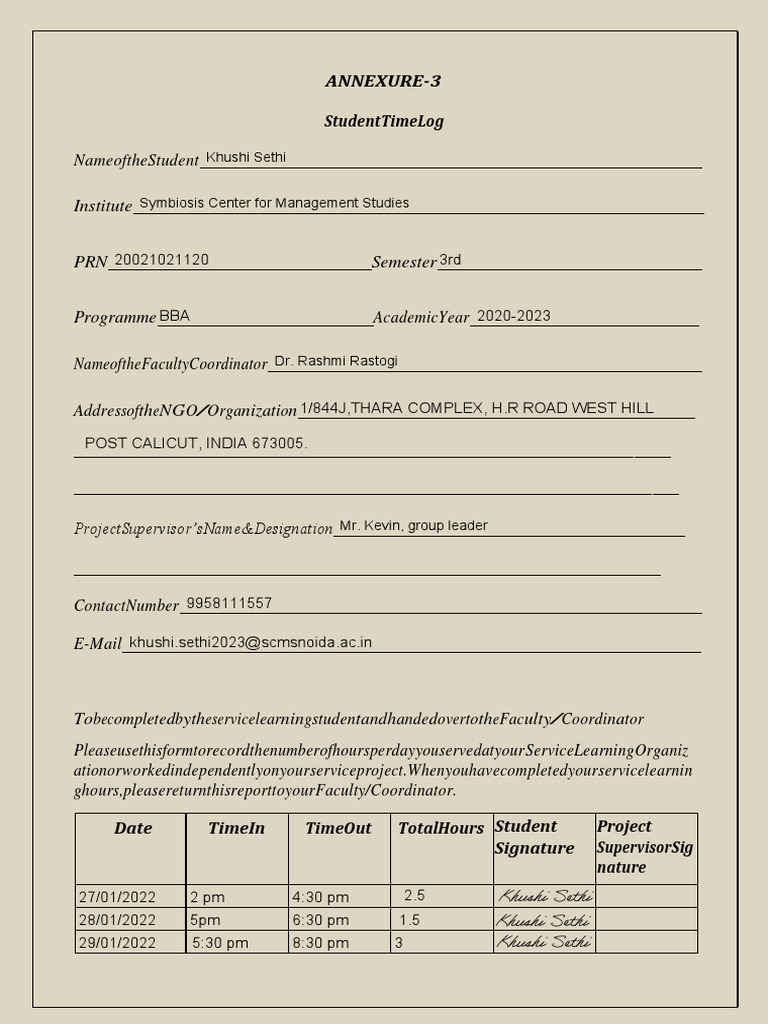 Annexure-3 Studenttimelog: 20021021120 3Rd Bba 2020-2023 | PDF